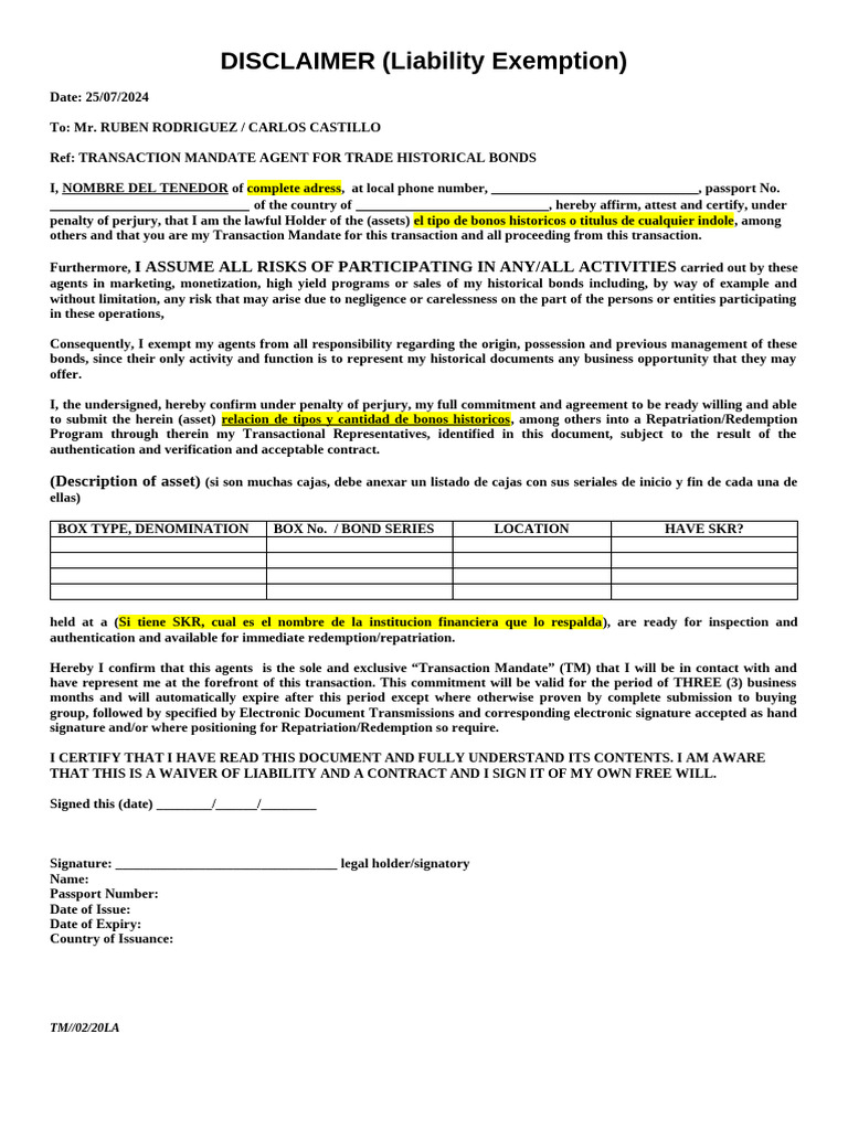 Transaction Mandate Agreement | PDF | Signature