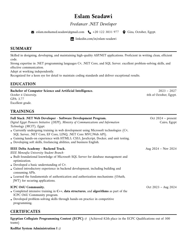 Eslam Seadawi .NET Developer Profile | PDF | Microsoft Sql Server | Language Integrated Query