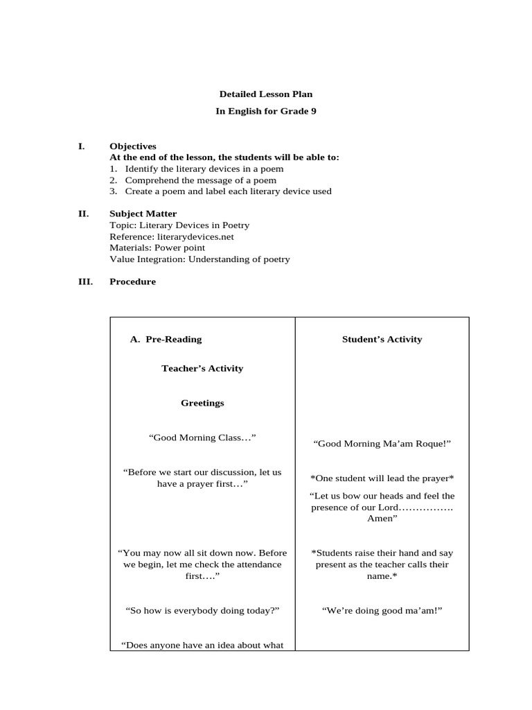 Grade 9 Poetry Lesson Plan | PDF | Poetry | Human Communication