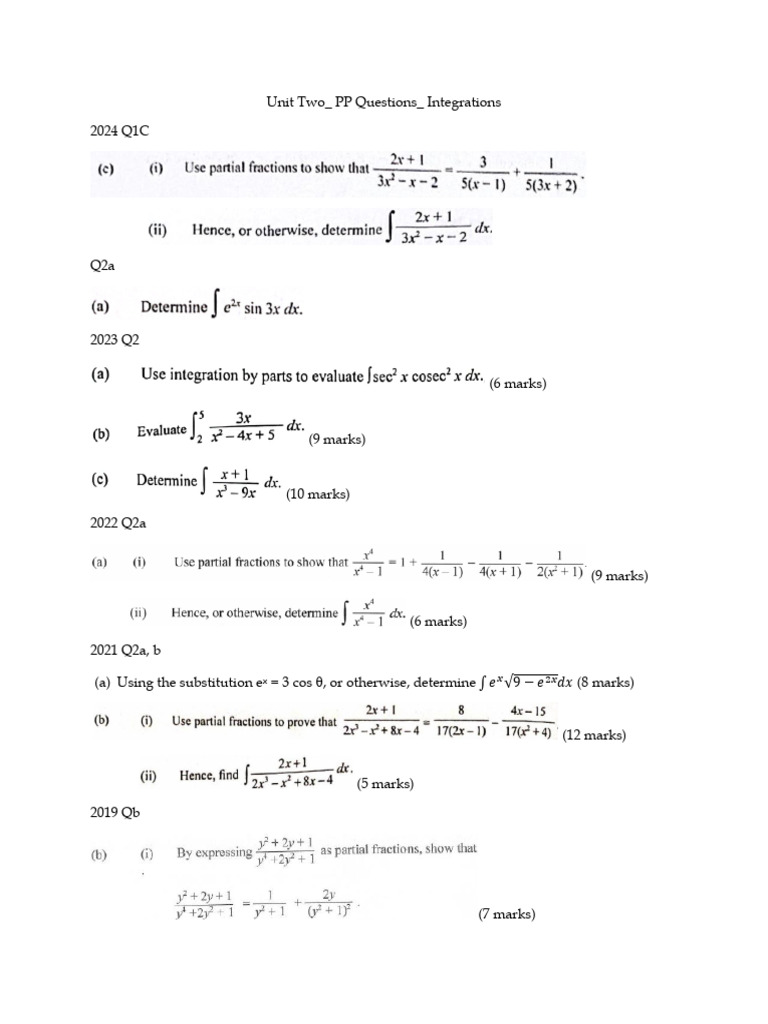 Partial Fractions^J Integration^J Reductions Formula^J Trapezium Rule_ P2_ PP Questions | PDF