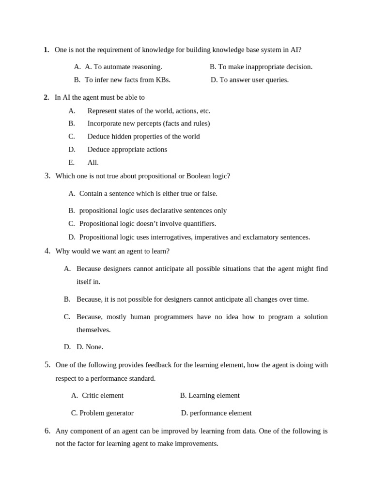 Artifical Intelligence Sample Question | PDF | Artificial Intelligence ...