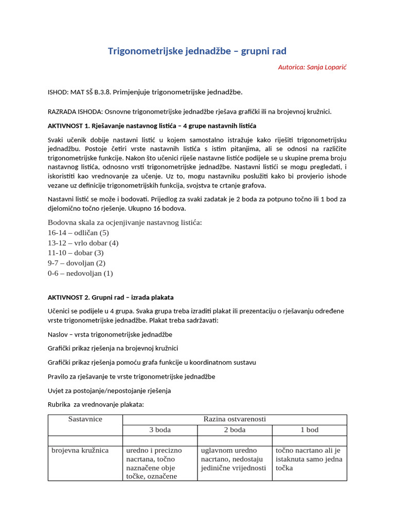 2 +trigonometrijske+jednadžbe+ (Grupni+rad) +-+priprema+SL | PDF