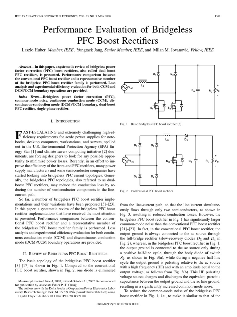 Performance Evaluation of Bridgeless PFC Boost Rectifiers | PDF | Rectifier | Diode