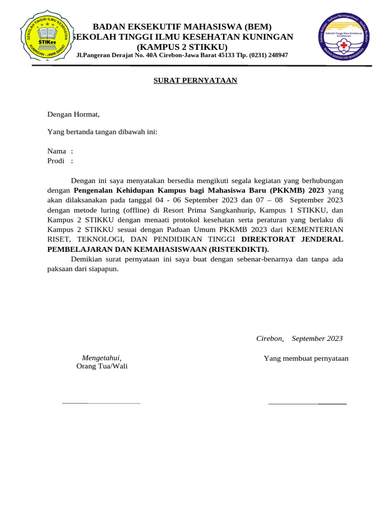Surat Pernyataan PKKMB 2023 STIKKU | PDF