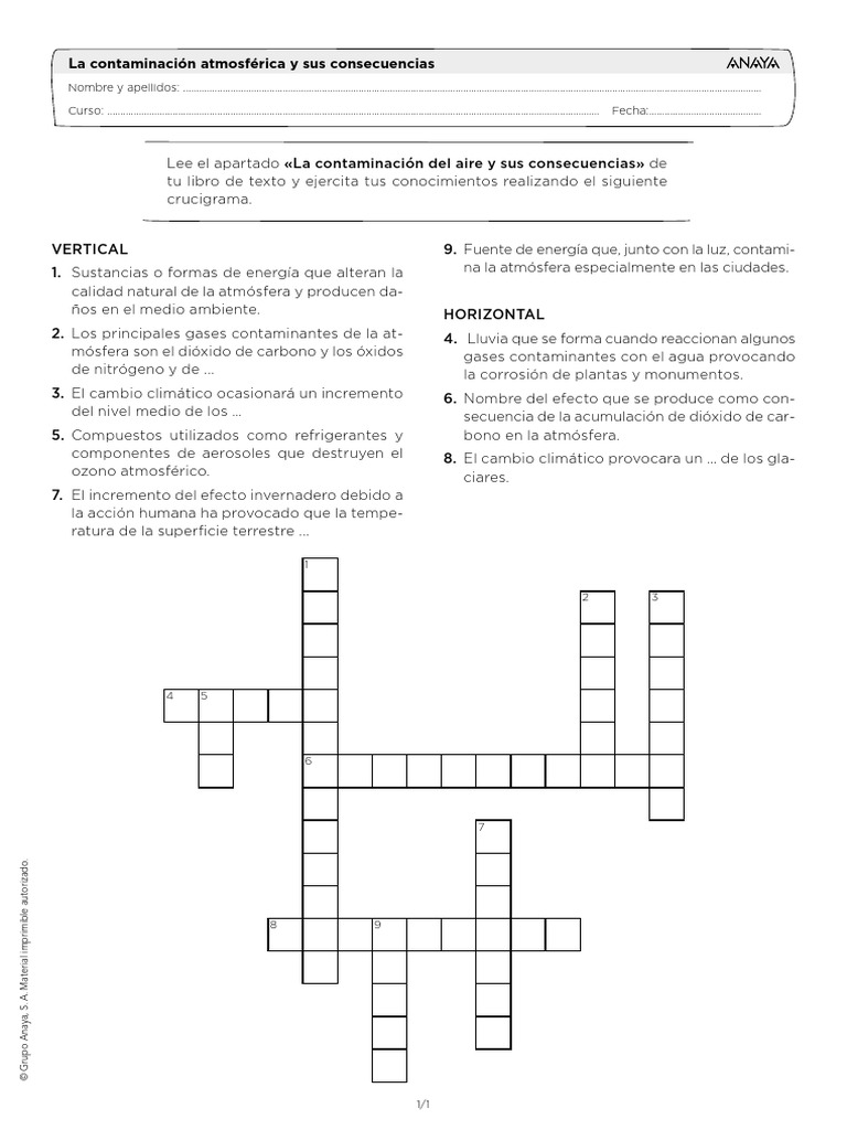 Crucigrama Contaminación Atmosferica | PDF | Contaminación | La ...
