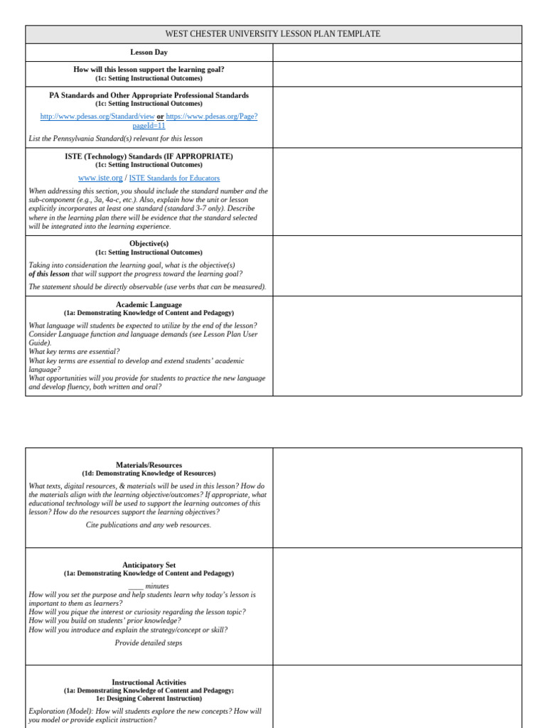 West Chester University Lesson Plan Guide | PDF | Learning | Lesson Plan