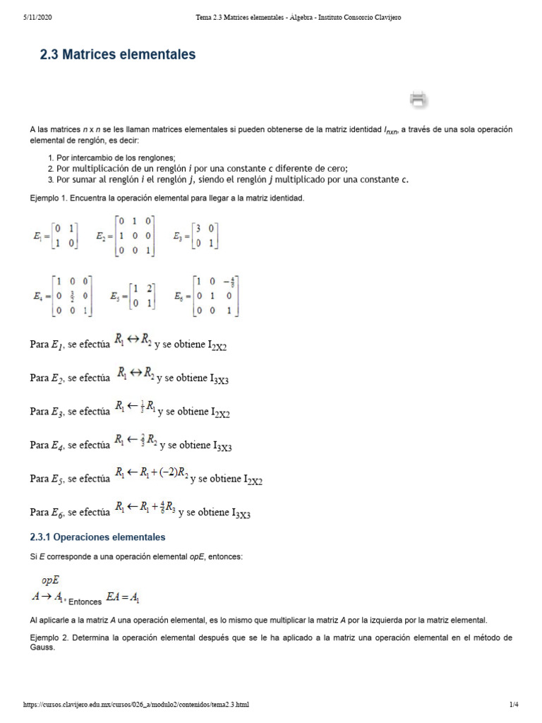 Tema 2.3 Matrices elementales - Álgebra - Instituto Consorcio Clavijero | PDF | Matriz ...