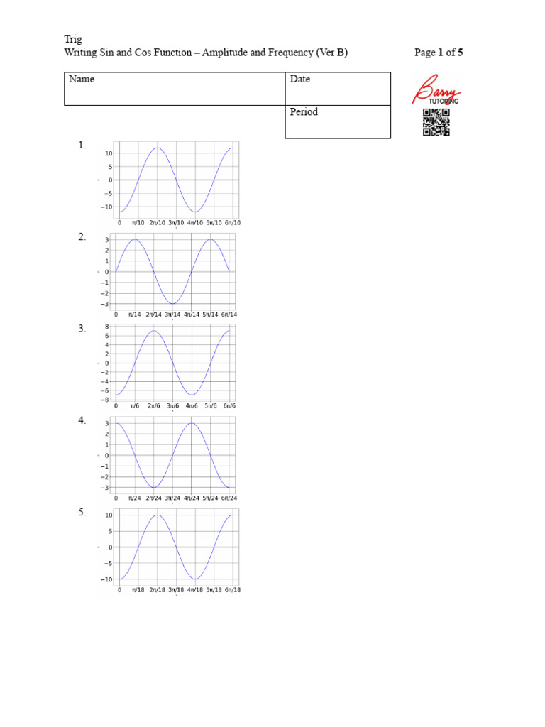 Trig Writing Sin and Cos Function - Amplitude and Frequency (Ver B) Page of Name Date Period 1 | PDF