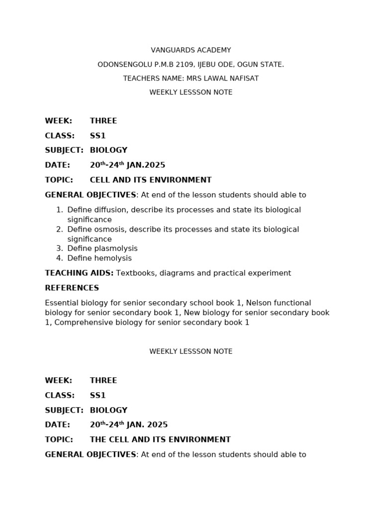 SS1 WEEK 3 2nd Term Biology-1 | PDF | Osmosis | Biology
