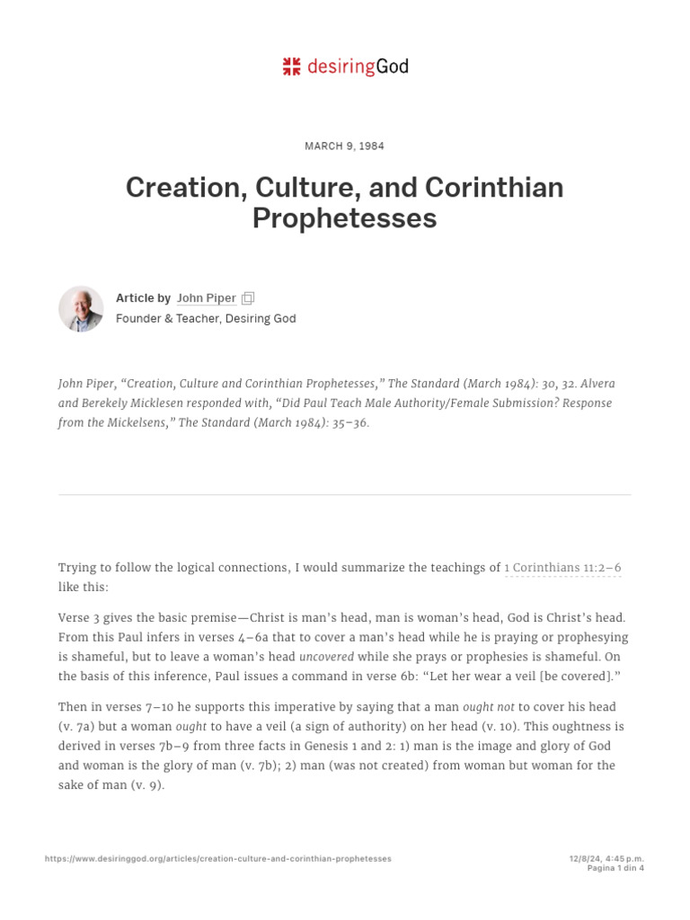 Creation, Culture, And Corinthian Prophetesses | Desiring God | PDF ...