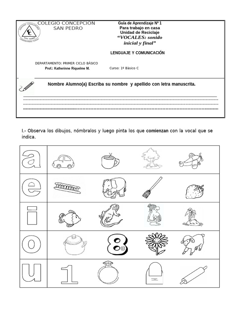Guía Nº1 Vocales Inicial y Final 1° Basico | PDF