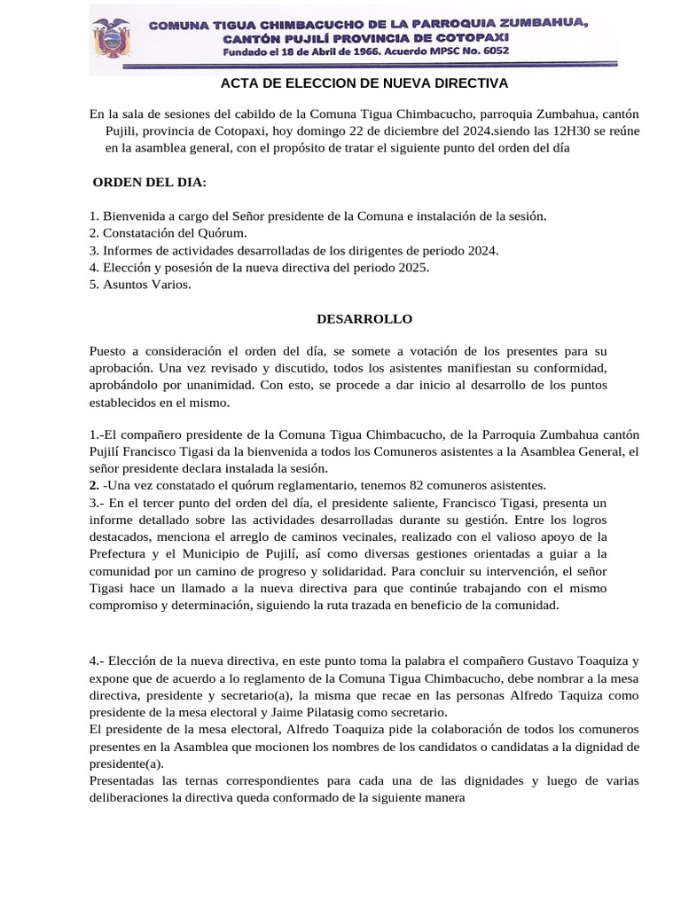 Acta de Eleccion de Nueva Directiva | PDF | Gobierno