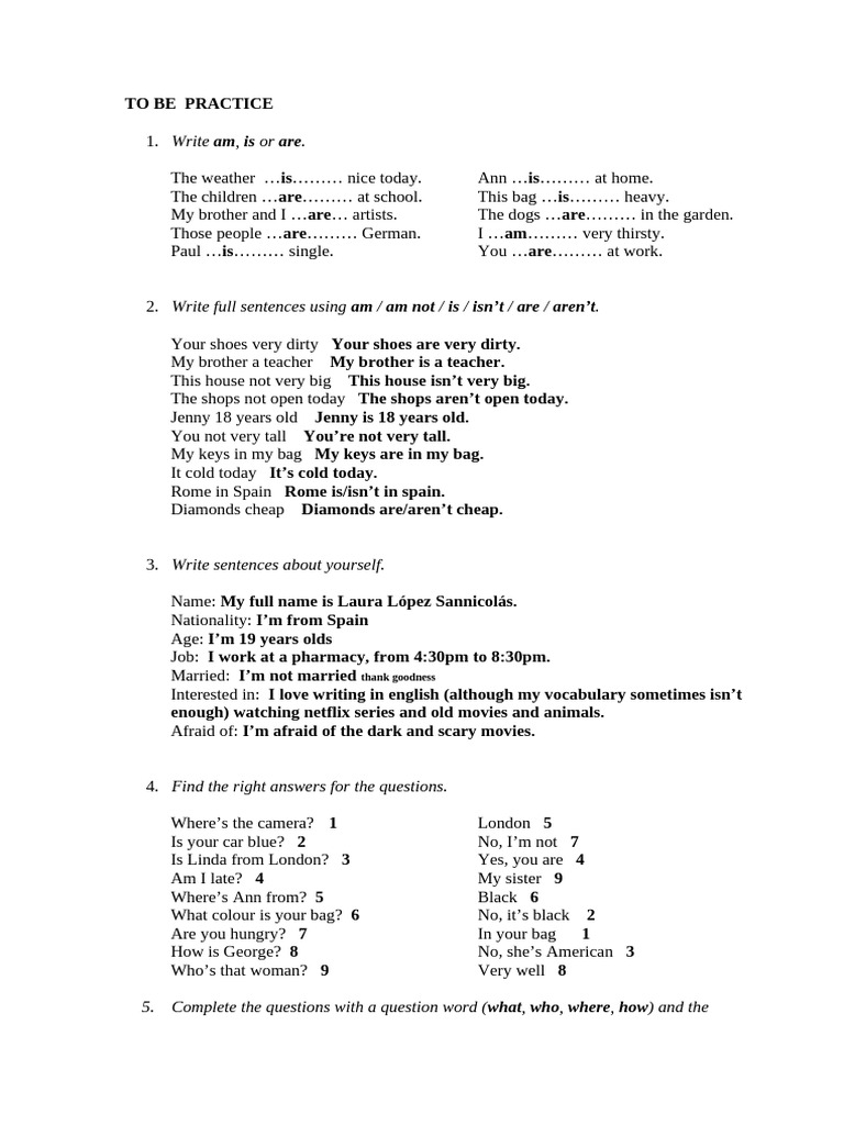 English Verb "To Be" Practice Exercises | PDF