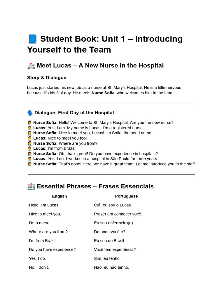 ? Student Book - Unit 1 - Introducing Yourself To The Team | PDF | Health Care