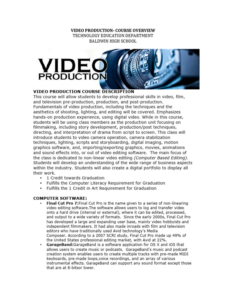 Video Production Course Overview | PDF | Garage Band | Camera