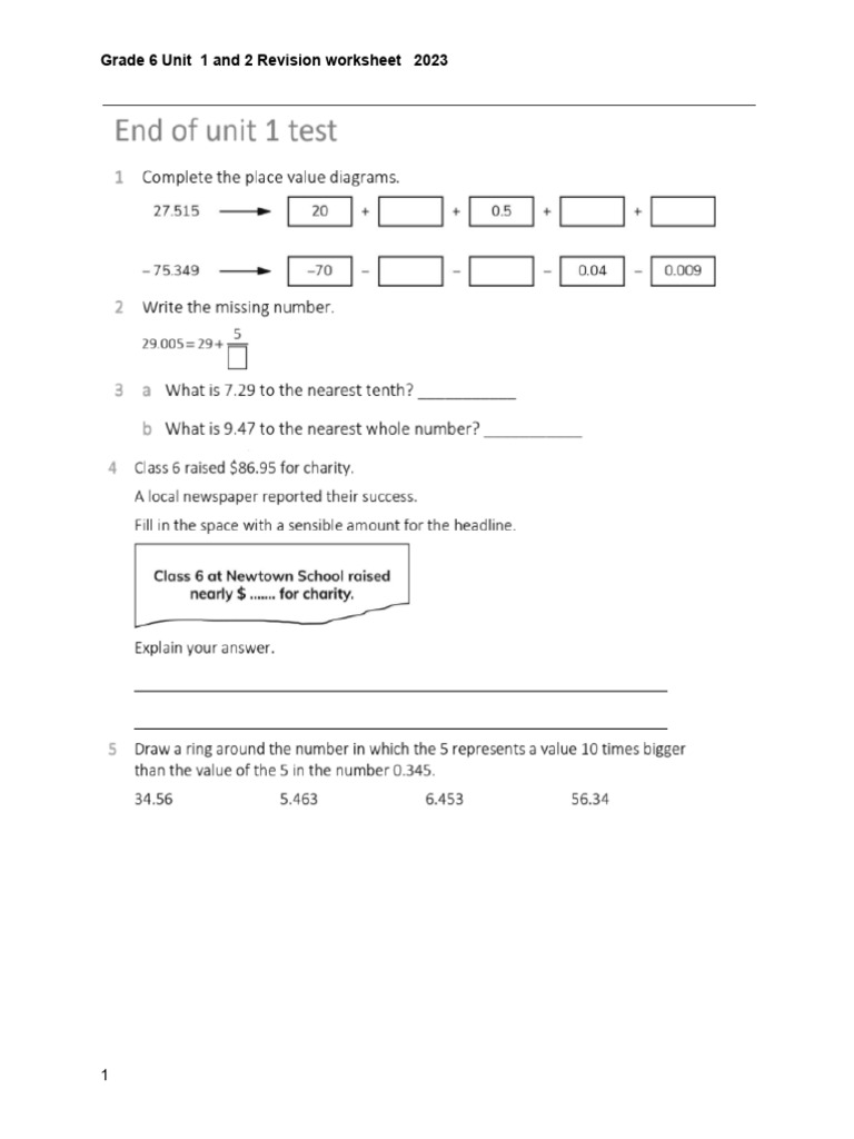 Grade 6 Revision Worksheet | PDF