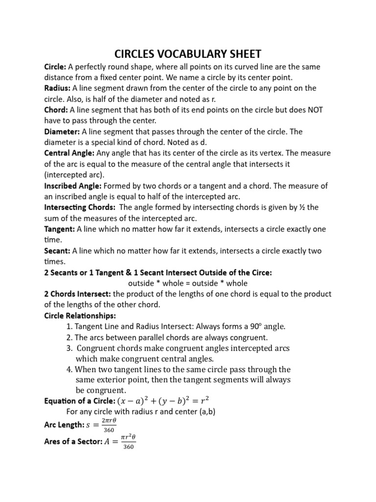 Circles Vocabulary Sheet | PDF