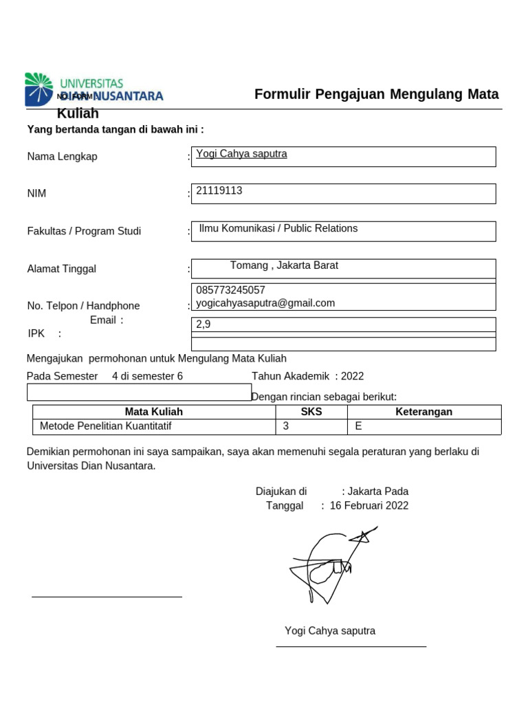 Salin-Form Pengajuan Pengulangan Yogi Cahya Saputra | PDF
