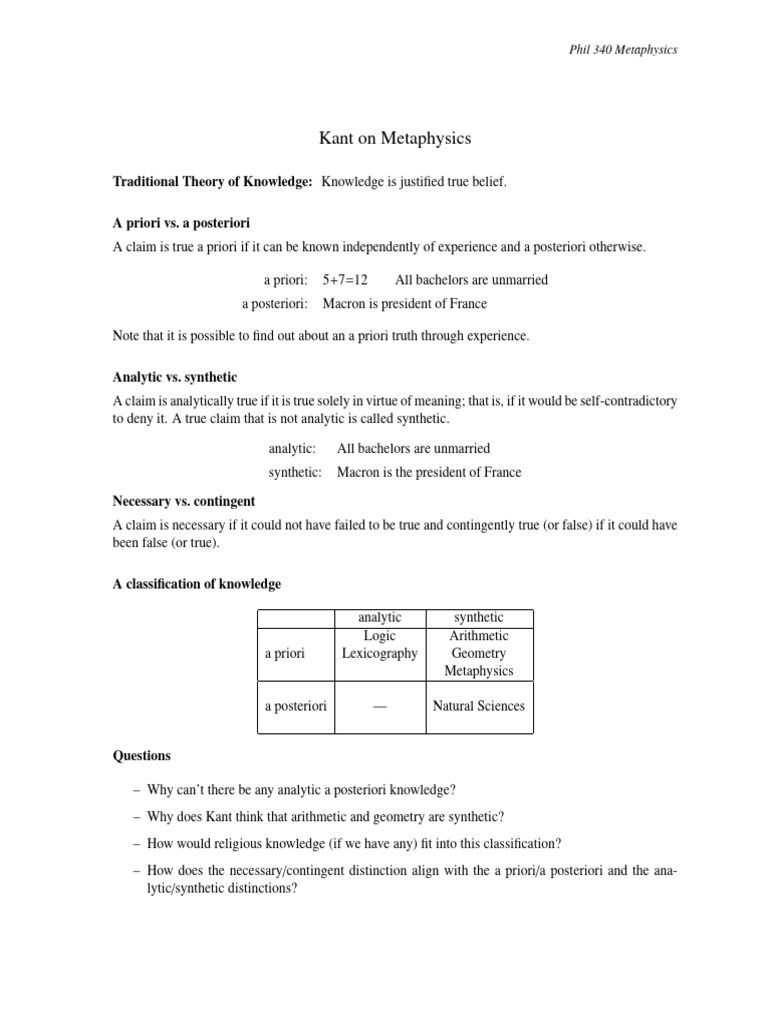 Kant's Metaphysics: A Priori vs. A Posteriori | PDF