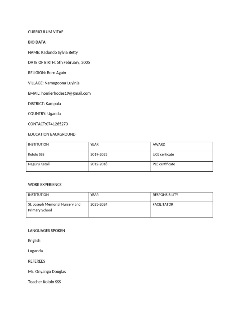 Kadondo Sylvia Betty CV and Bio Data | PDF