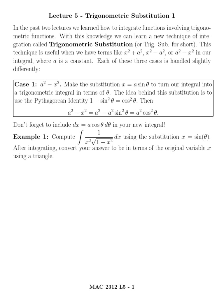 Lecture 5 - Trigonometric Substitution 1 | PDF | Trigonometry | Elementary Geometry