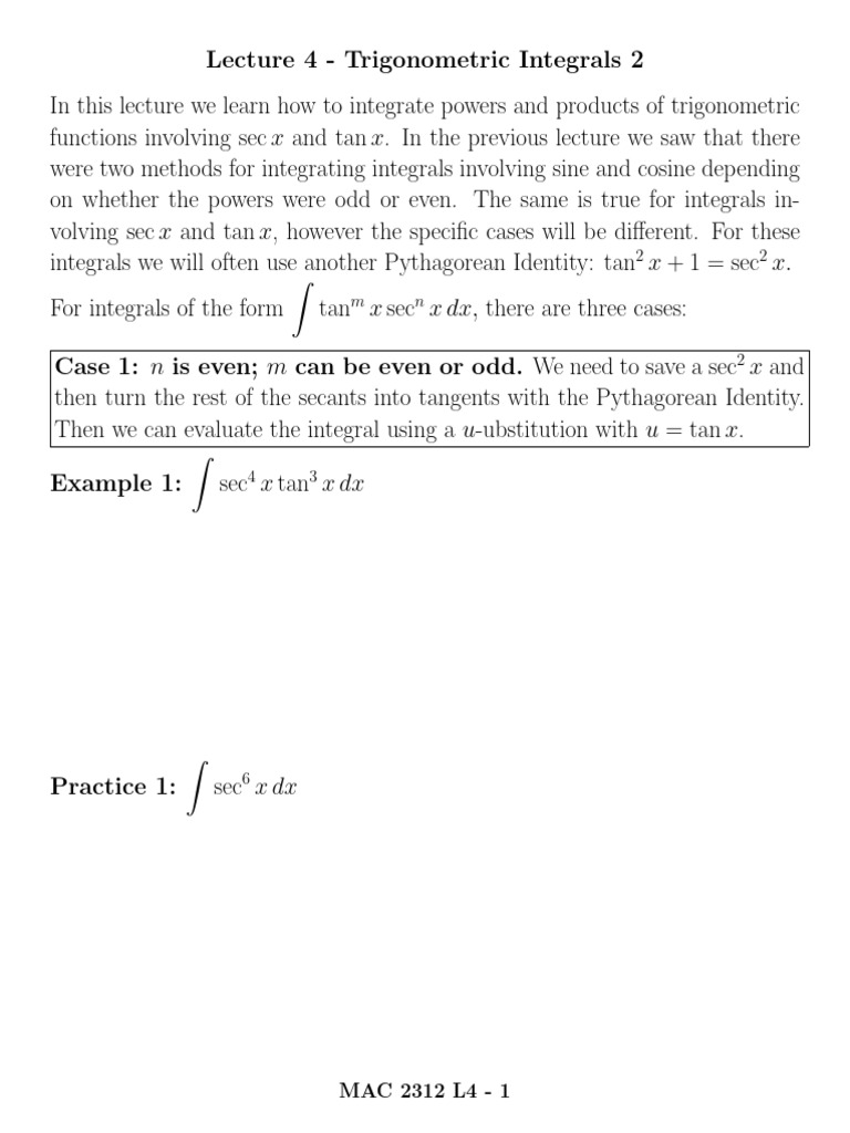 Lecture 4 - Trigonometric Integrals 2 | PDF | Trigonometric Functions | Elementary Mathematics