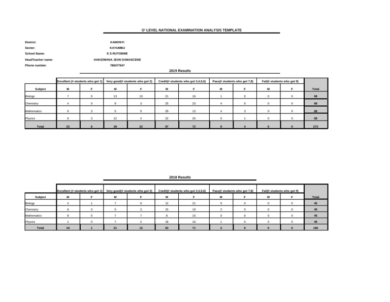E S Rutobwe O' Level Exam Results Analysis | PDF