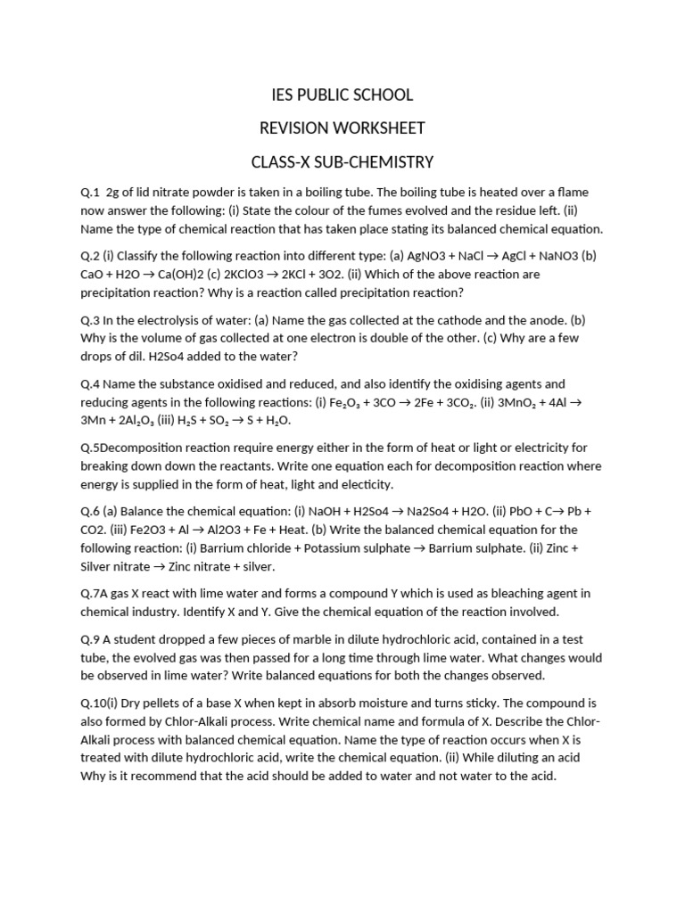 Class 10 Chemistry Worksheet | PDF | Chemical Reactions | Chemistry