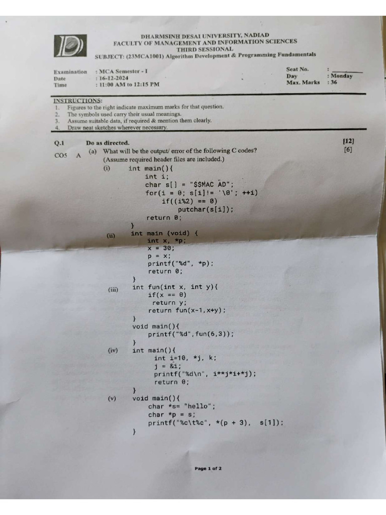 Sem 1 Sessional 3 Paper 2024 | PDF