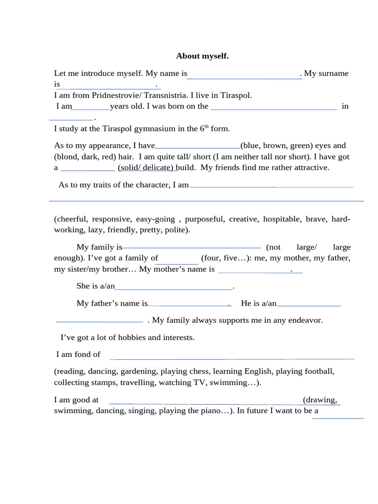 Personal Introduction of a Tiraspol Student | PDF