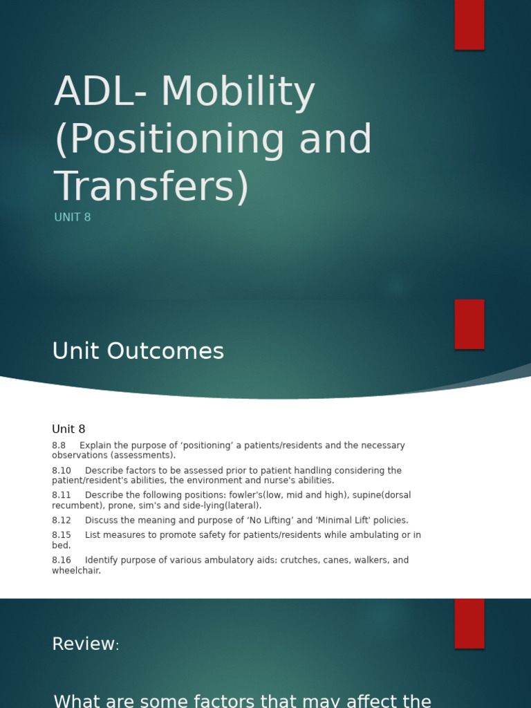 Patient Mobility: Positioning & Transfers Guide | PDF | Wheelchair ...