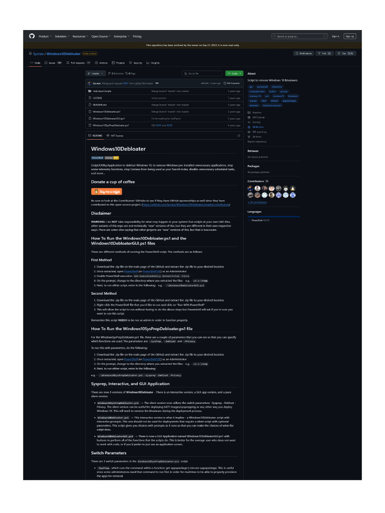 'GitHub - Sycnex_Windows10Debloater_ Script to remove Windows 10 bloatware.' - github.com | PDF ...