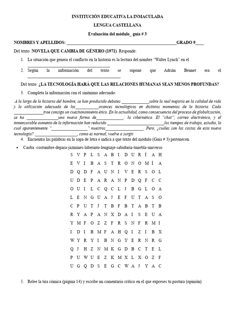 Evaluación Lengua Castellana Grado 9 | PDF