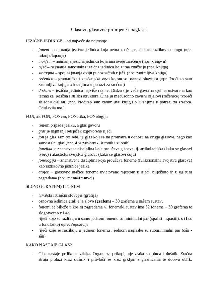 Glasovi, Glasovne Promjene I Naglasci | PDF