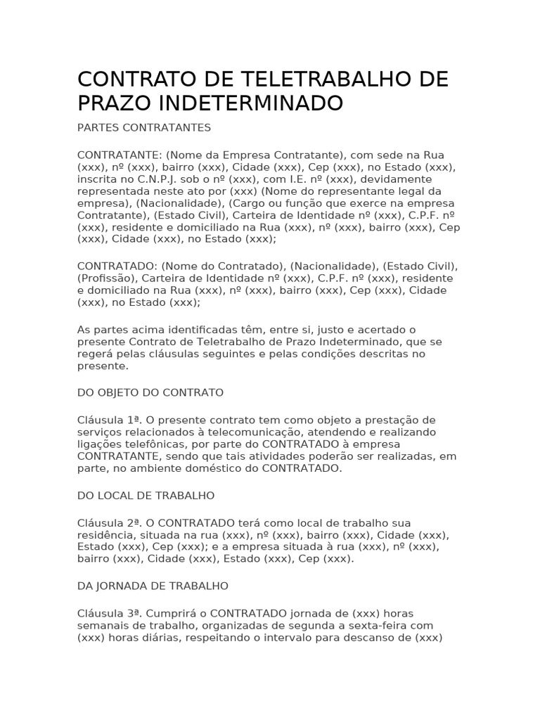 Contrato de Teletrabalho de Prazo Indeterminado | PDF | Expediente | Direito Comercial
