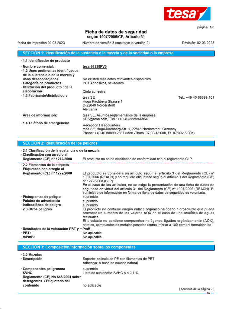 Safety data sheet_tesa® extra Power 56348_es-ES_v3 | PDF | Sustancias ...