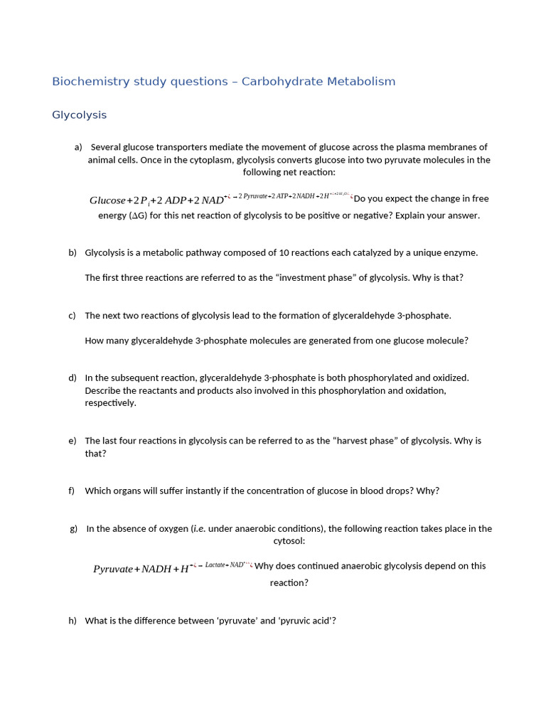 Study Questions - Carbohydrate Metabolism | PDF | Diet & Nutrition ...