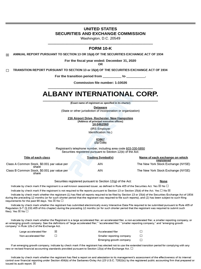 Albany International Corp.: United States Securities and Exchange ...