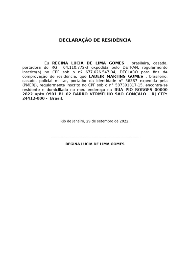 Declaração de Residencia Modelo | PDF
