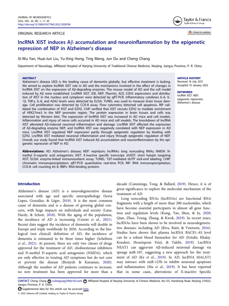 lncRNA XIST induces Aβ accumulation and neuroinflammation by the ...