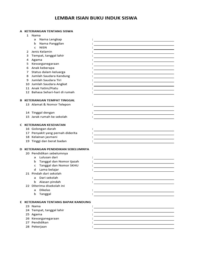 Lembar Isian Buku Induk Siswa | PDF