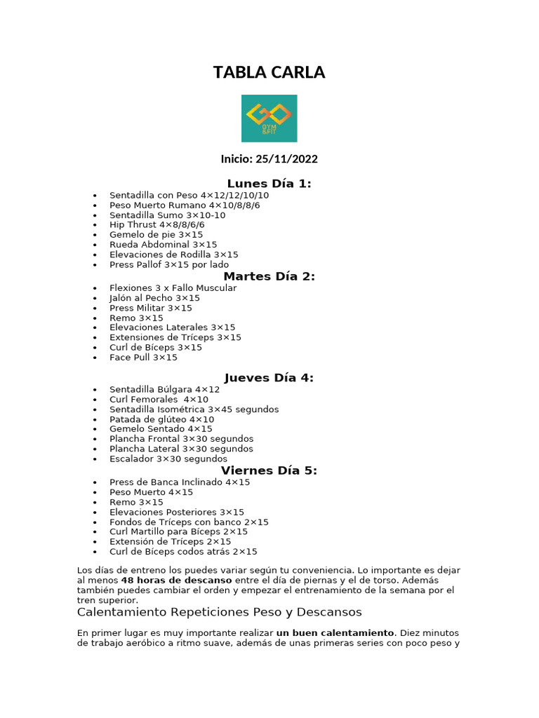 Tabla Carla | PDF | Ejercicio físico | Entrenamiento con pesas