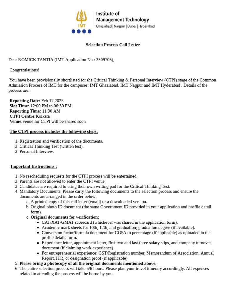 IMT CTPI Selection Process Call Letter | PDF