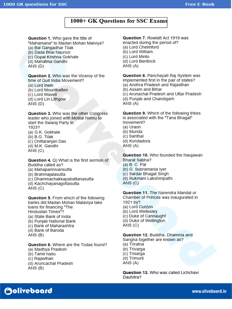 1000 GK Questions SSC 1 81 Pages | PDF | Indian National Congress ...