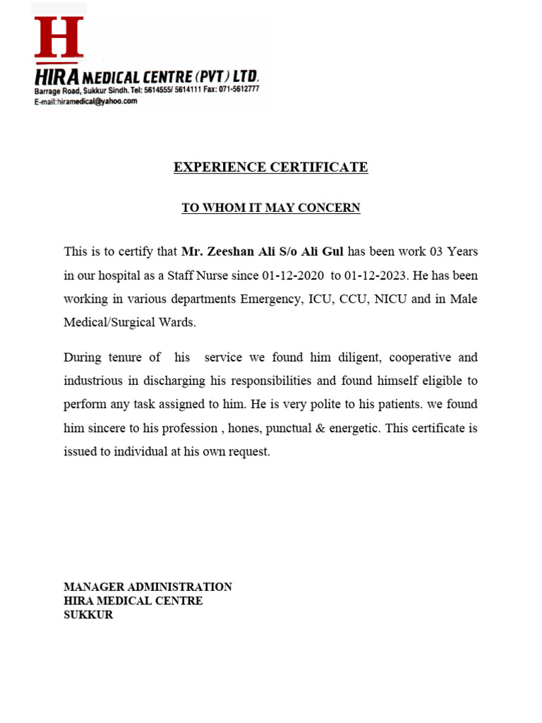 Experience Certificate for Staff Nurse | PDF