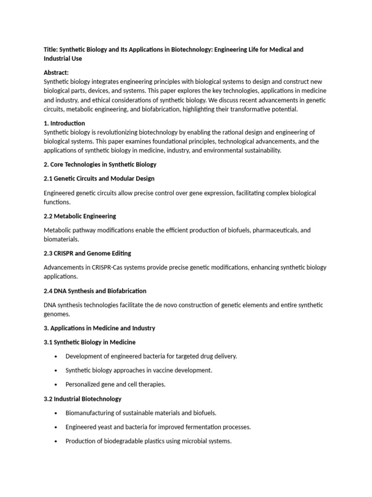 Synthetic Biology and Its Applications in Biotechnology Engineering ...