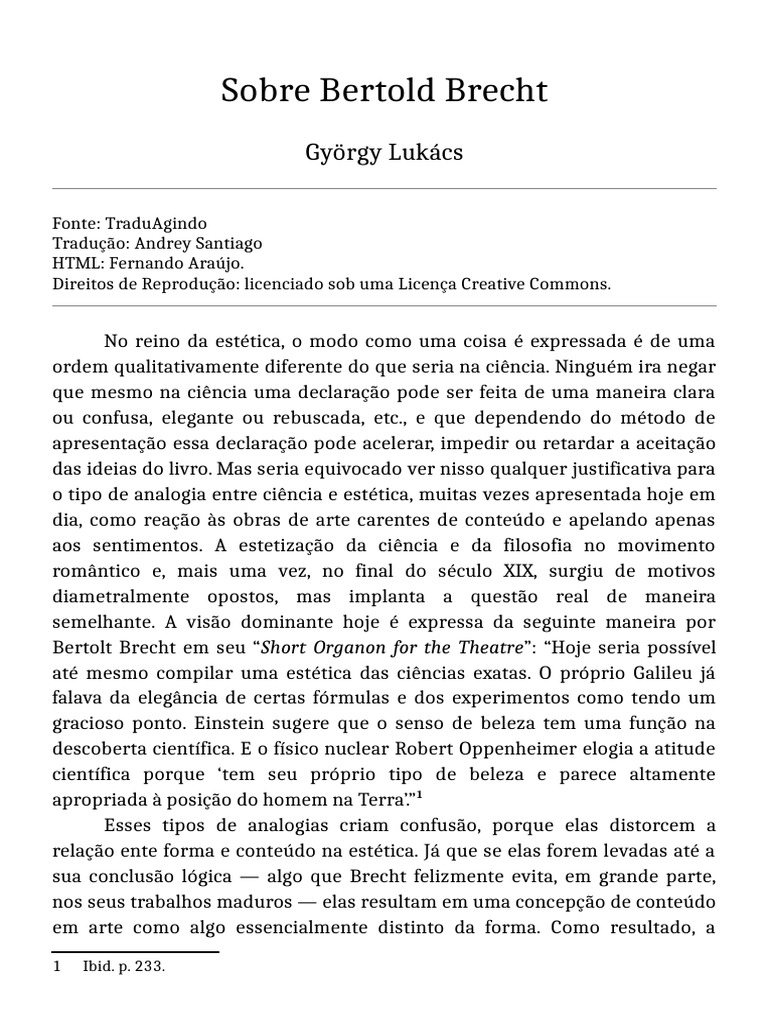 Lukács - Sobre Bertold Brecht | PDF | Estética | Science