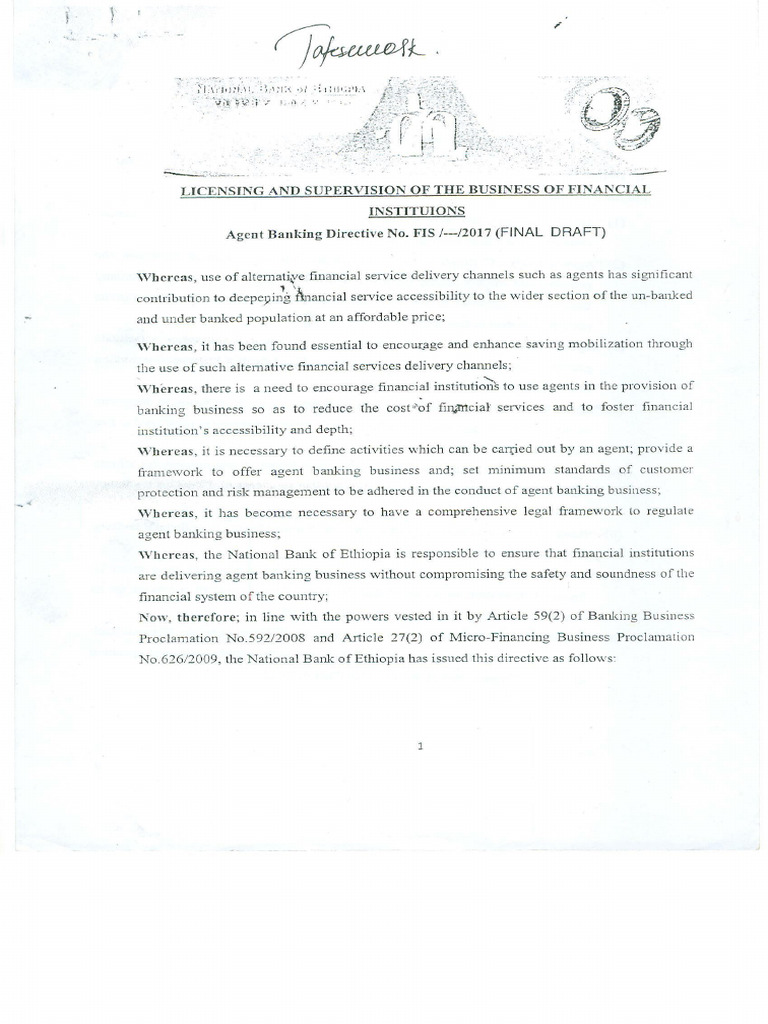 Agent Banking NBE Directive Draft | PDF