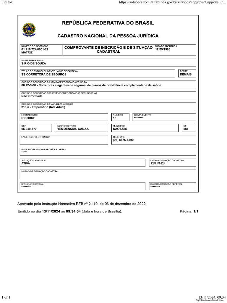 Cartão Do CNPJ Da SS Seguros | PDF