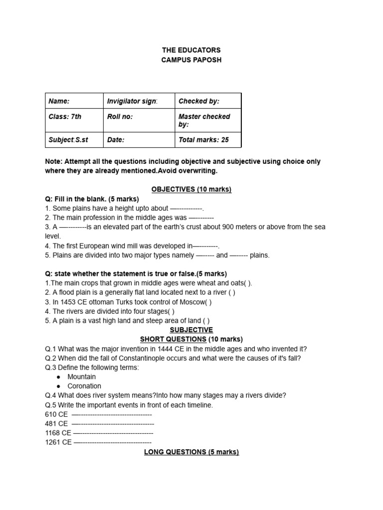 First Bimonthly of SST Class 7 Paper | PDF